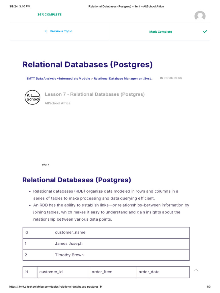 Relational Databases (Postgres) - 3mtt - AltSchool Africa | PDF