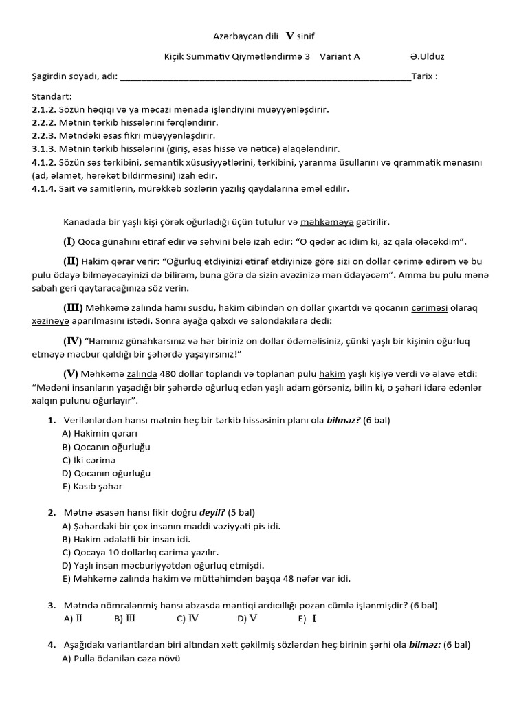 Azərbaycan Dili 5 KSQ 1 | PDF