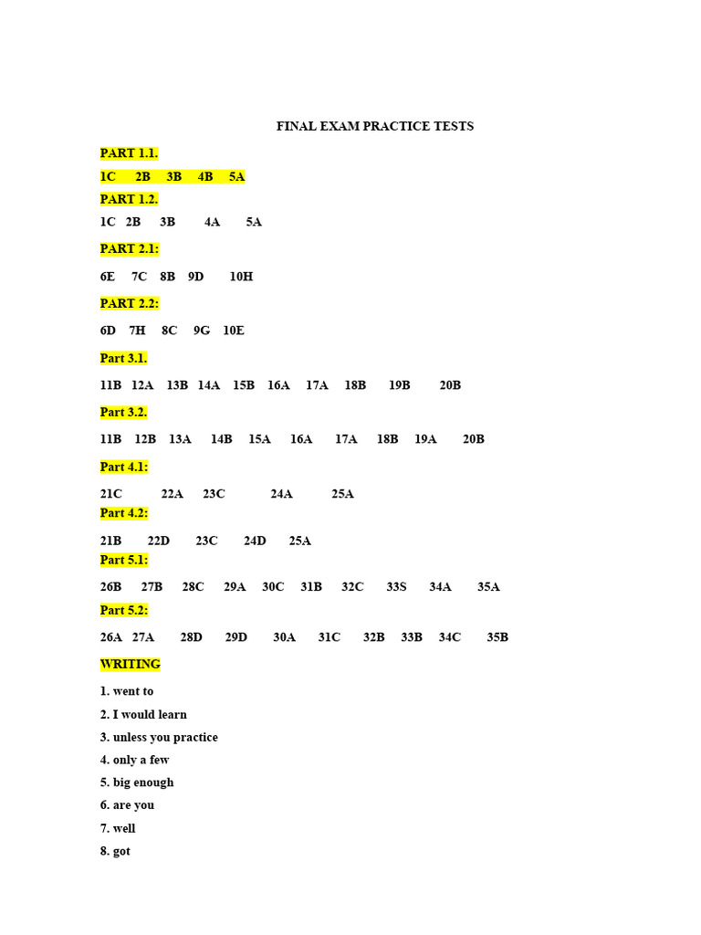 Final Exam Practice Test Answers | PDF