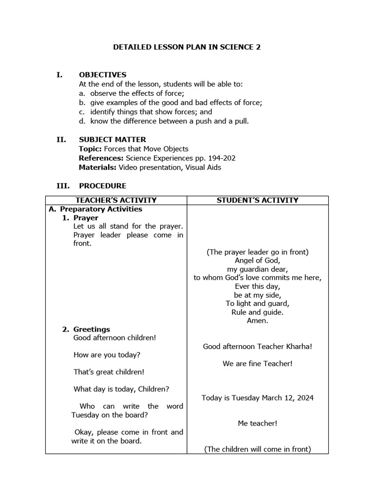 Detailed Lesson Plan in Science 2 | PDF | Force | Prayer