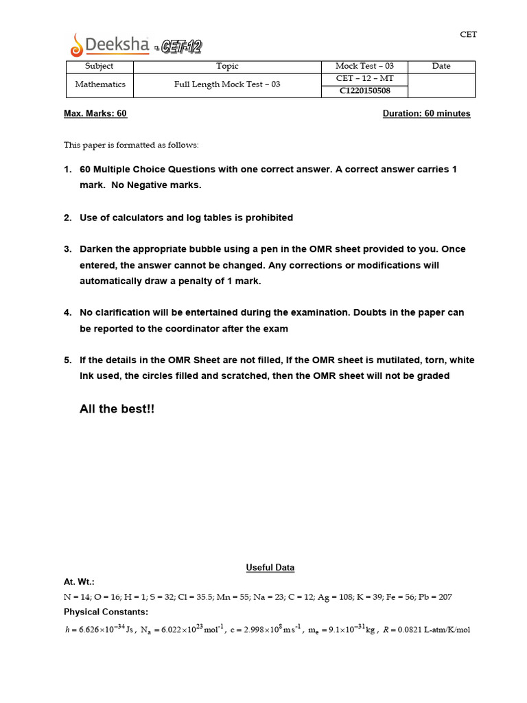 03-CET Full Length Mathematics Test-03 - Questions | PDF | Mathematics