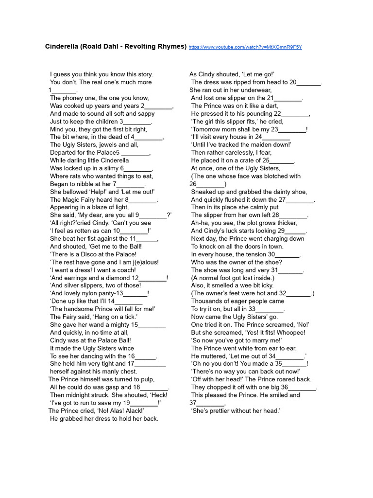 Task_ Cinderella (Roald Dahl - Revolting Rhymes) .docx | PDF | Cinderella | Fairy Tales