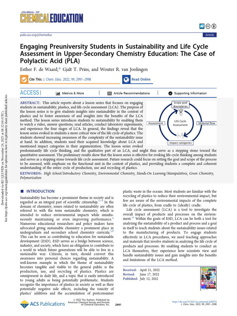 De Waard Et Al 2022 Engaging Preuniversity Students in Sustainability and Life Cycle Assessment ...