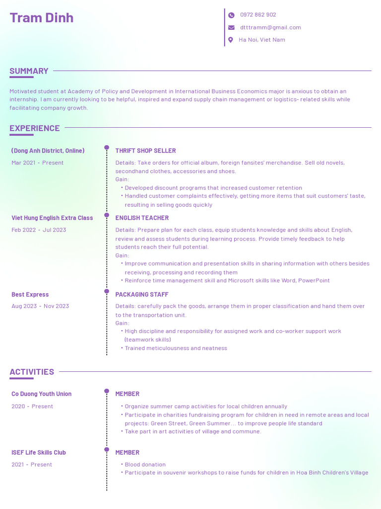 CV Tram Dinh - Tram Dinh Resume-TopCV - VN | PDF | Business