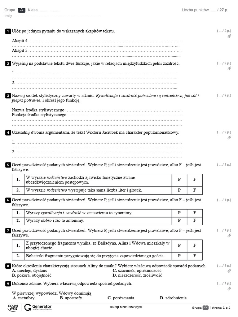 Sprawdzian Do Rozdziału 5. Dobro I Zło Test (Z Widoczną Punktacją) | PDF