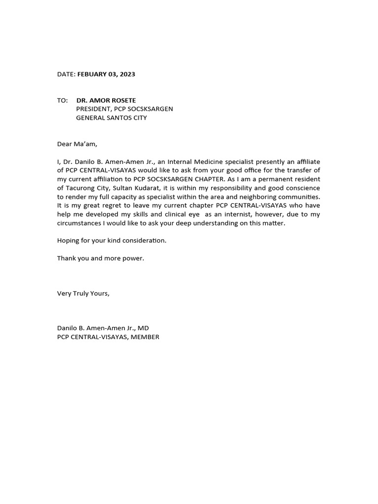 Request for Transfer to PCP Socsksargen | PDF