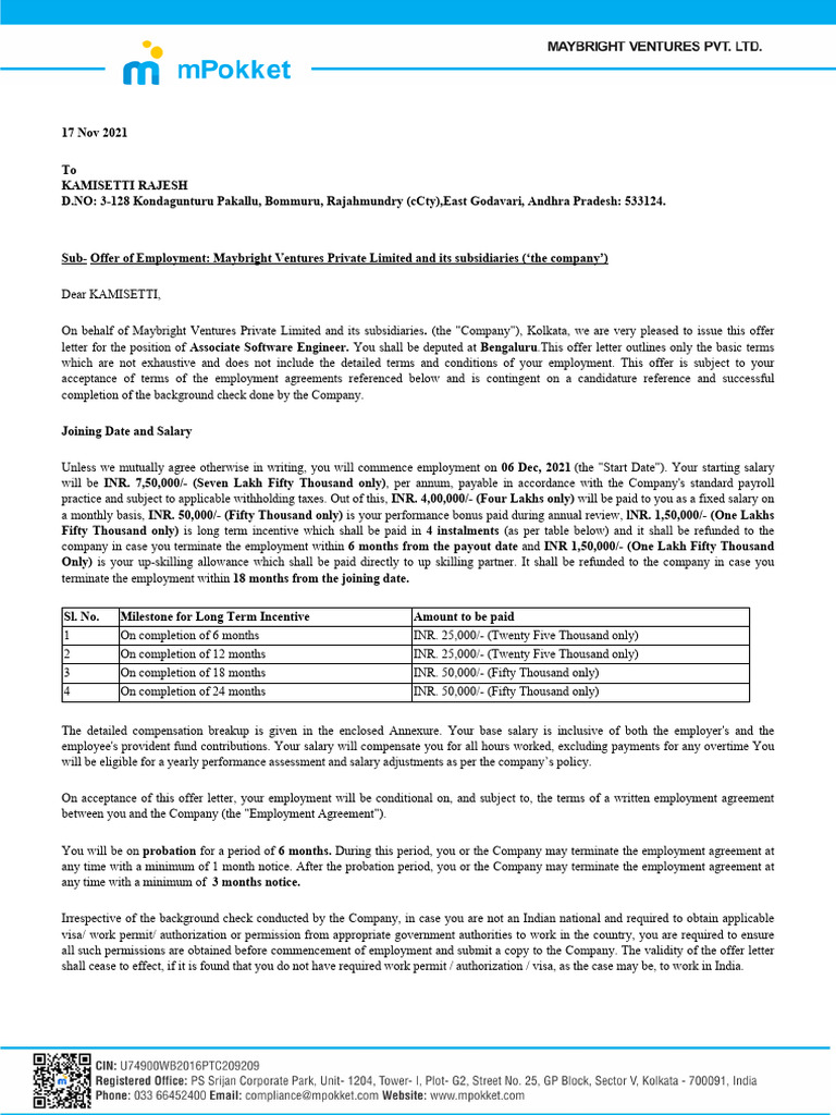 Kamisetti Rajesh_offer Letter | PDF | Salary | Employment