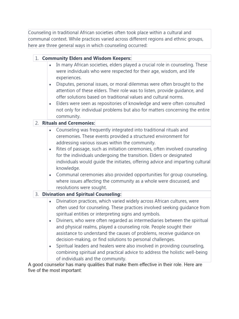 Counseling in Traditional African Societies Often Took Place Within A ...