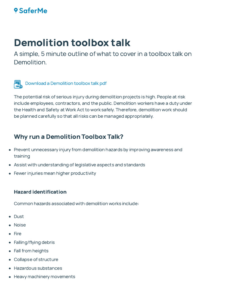 Demolition toolbox talk | PDF | Occupational Safety And Health ...