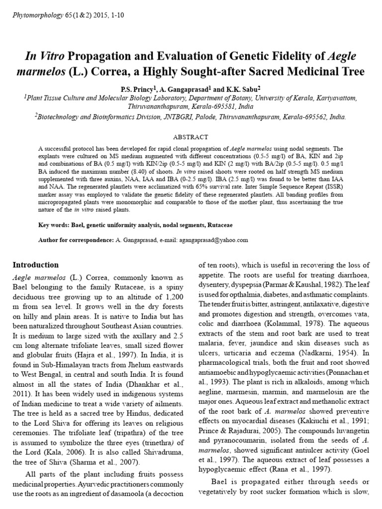In Vitro Propagation and Evaluation of Genetic Fidelity of Aegle ... In Vitro Propagation and Evaluation of Genetic Fidelity of Aegle ...