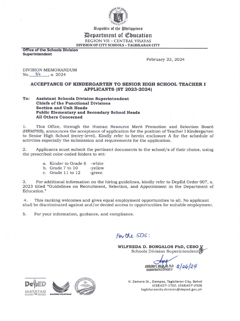 DM NO. 116 S. 2024 ACCEPTANCE OF KINDERGARTEN TO SENIOR HIGH SCHOOL ...