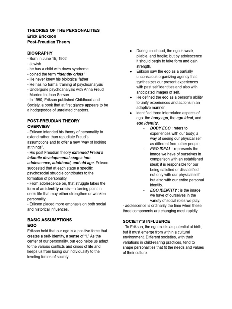 Erikson's Post-Freudian Personality Theory | PDF | Identity (Social ...
