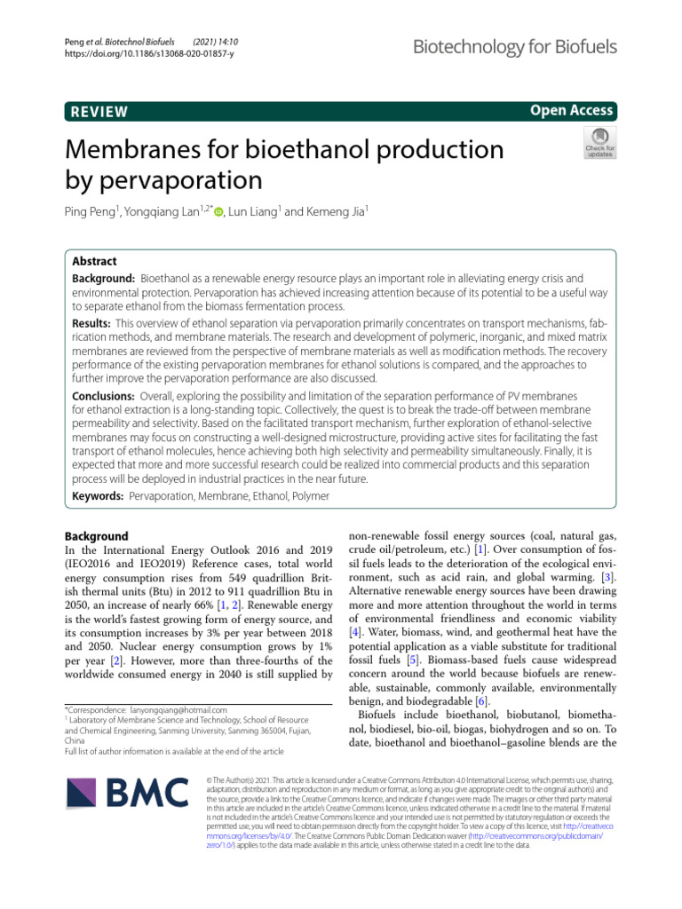 Membranes For Bioethanol Production by Pervaporation | PDF | Membrane | Polymers