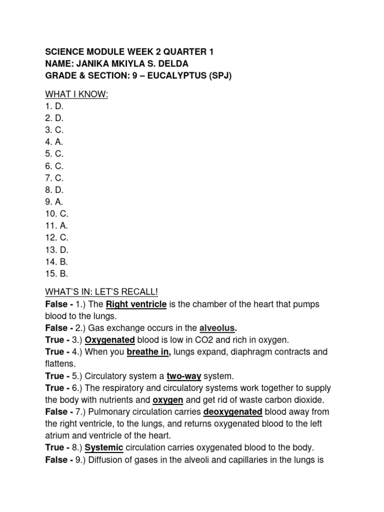 Science Module Week 2 Quarter 1 | PDF | Lung | Heart