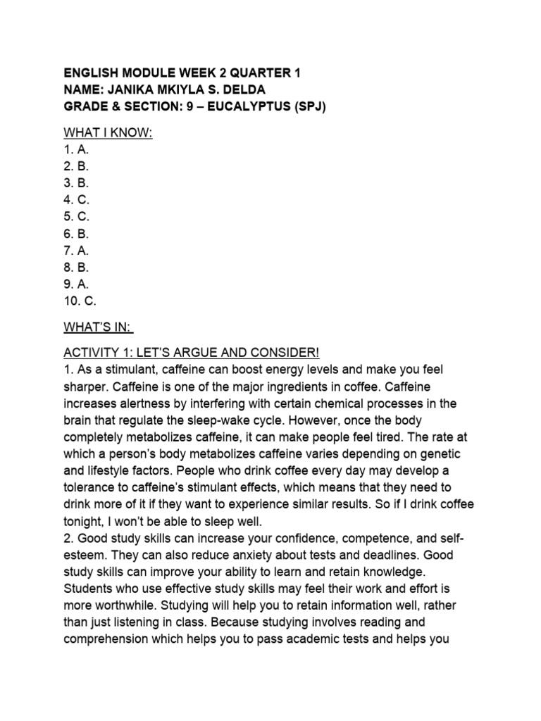 English Module Week 2 Quarter 1 | PDF | Caffeine | Study Skills