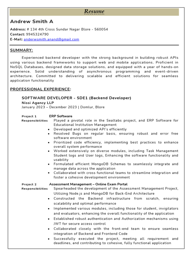 Backend Developer Resume - Andrew Smith | PDF | Computers