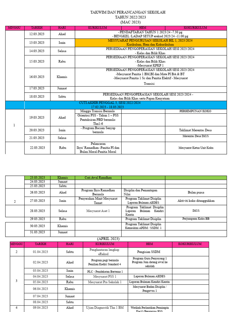 Takwim Dan Perancangan Sekolah | PDF