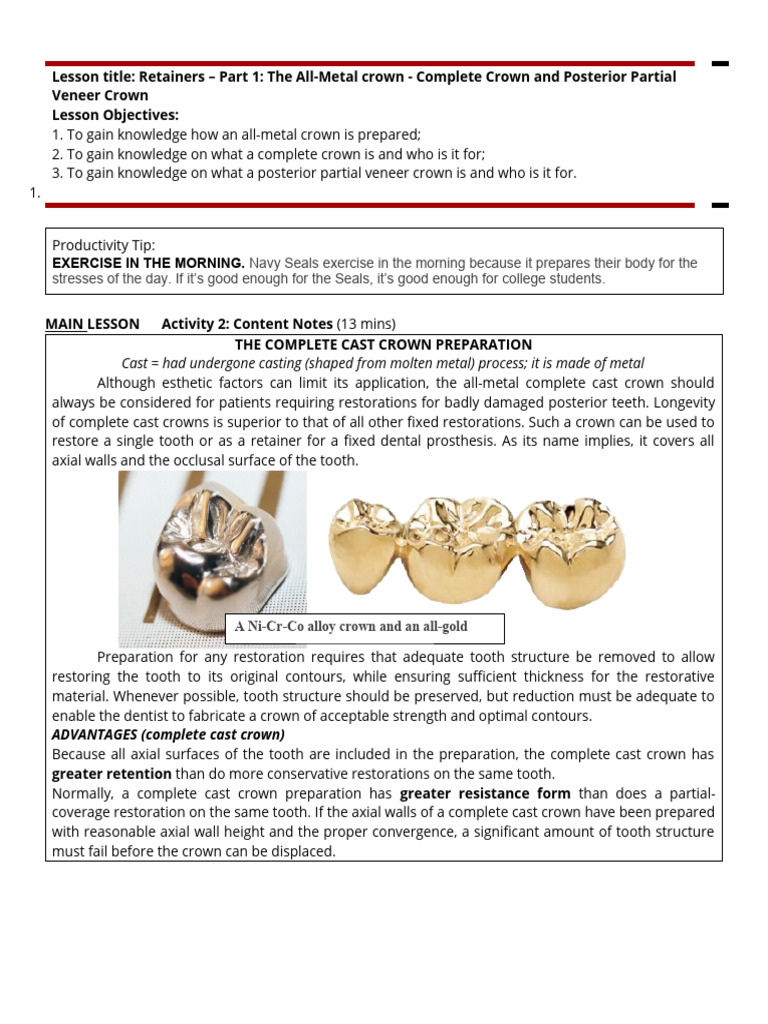 FPD - lec.SAS.11 Complete Crown and Posterior PVC | PDF | Human Tooth ...