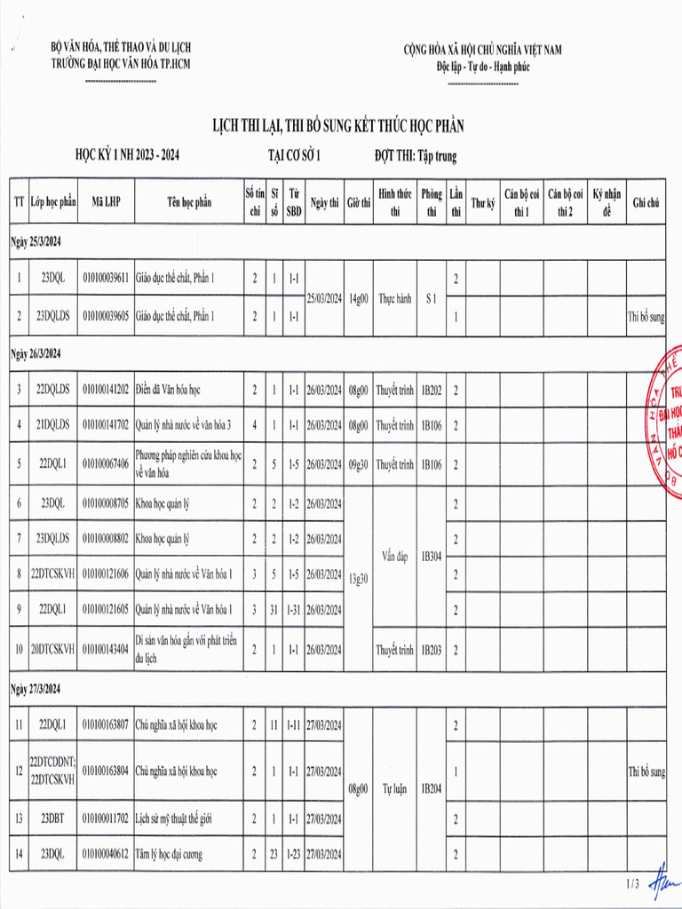 LỊCH THI CẢI THIỆN ĐIỂM THI BỔ SUNG HỌC KỲ I NĂM 2023 2024 CS1 | PDF