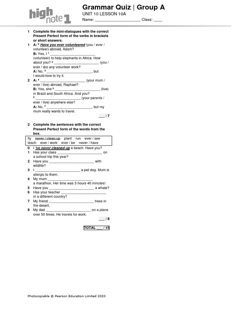 HighNote1 Grammar Quiz Unit10A GroupA | PDF