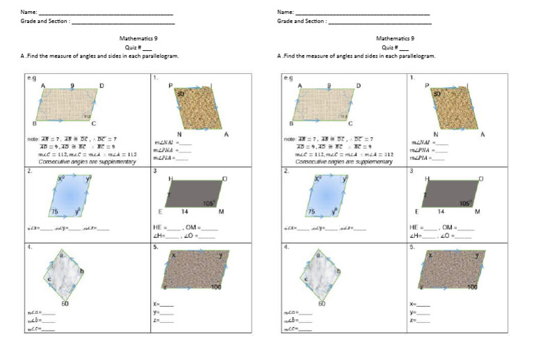 Quiz in Parallelograms | PDF