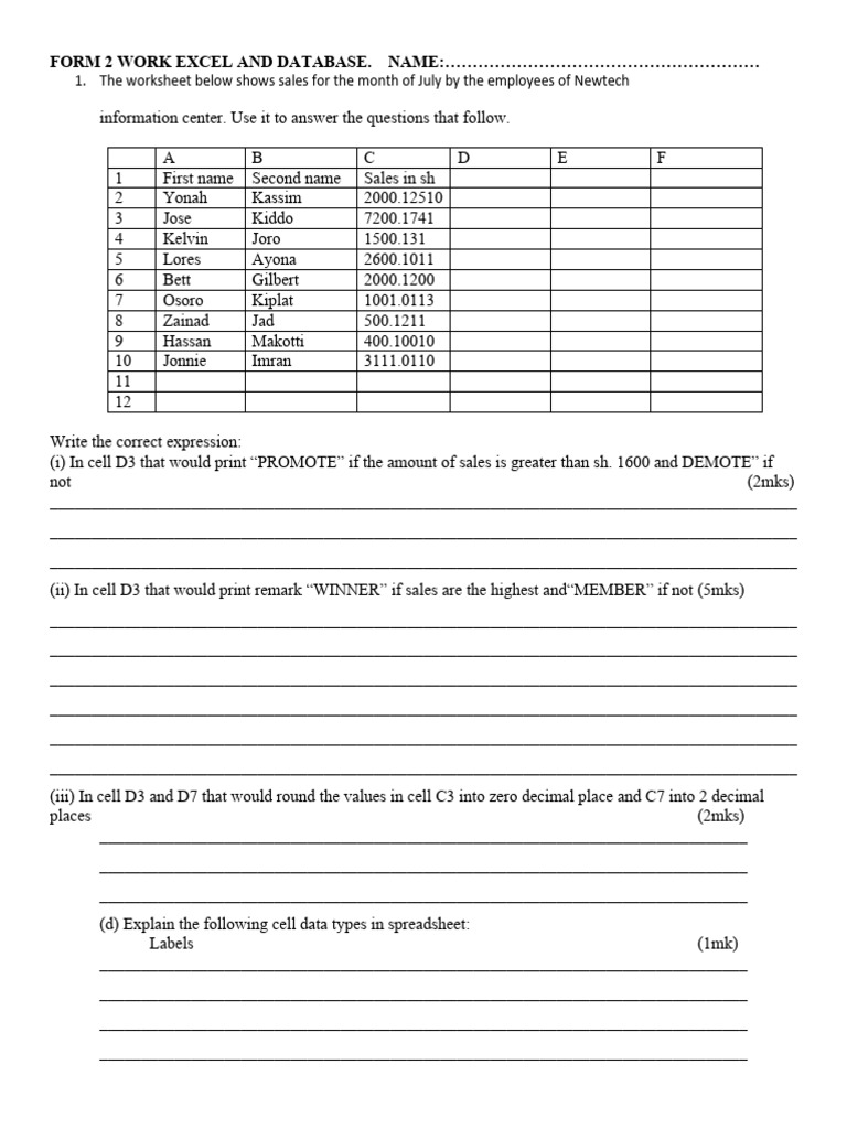 Excel Exercises for Form 2 Students | PDF | Spreadsheet | Data Management