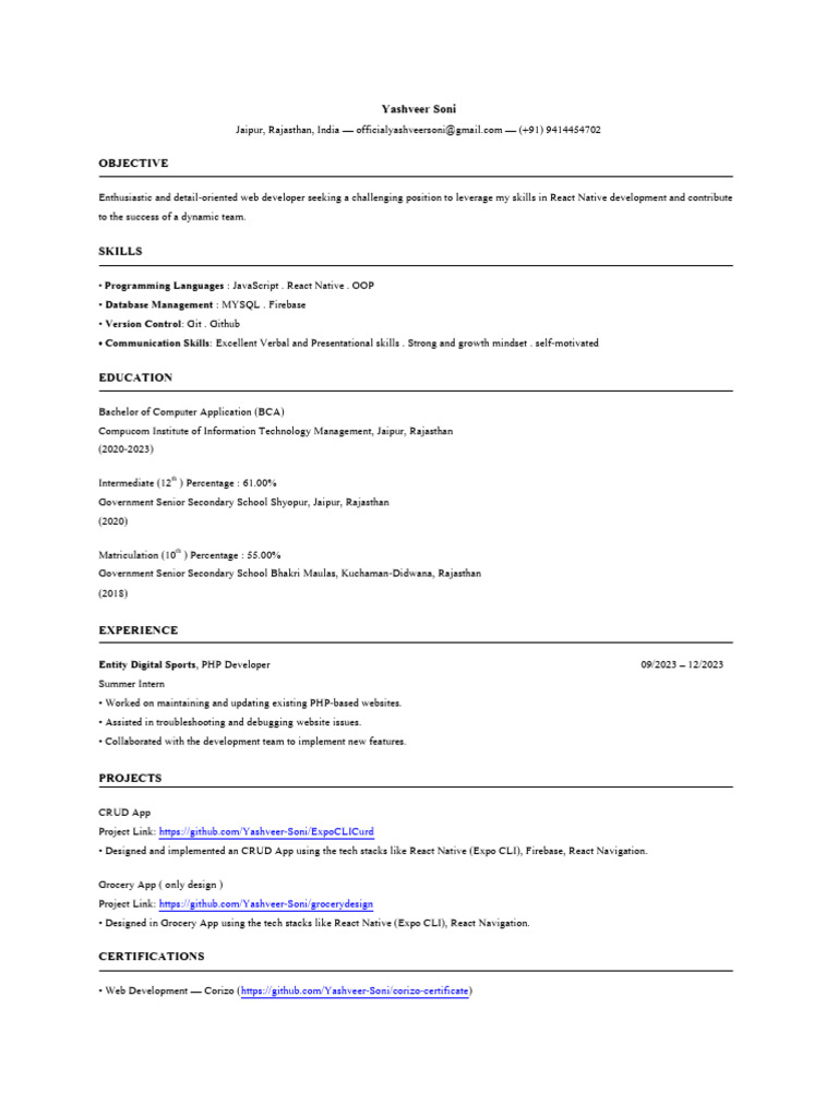 React Native Resume | PDF | Business