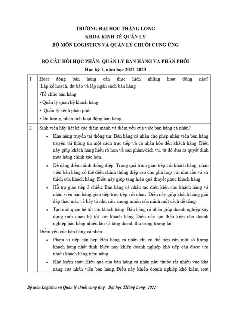 Bộ câu hỏi ôn tập QLBH Kỳ 2 nhom 1- 2023 - Bản gửi SV | PDF