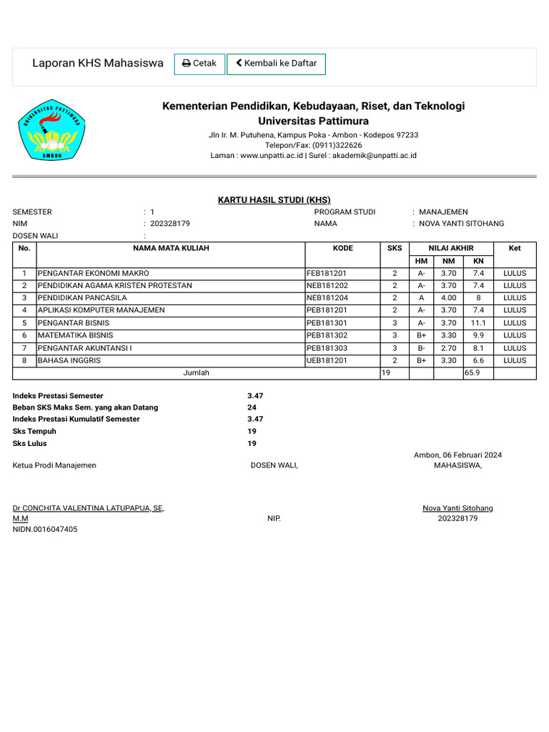 Laporan KHS Mahasiswa | PDF
