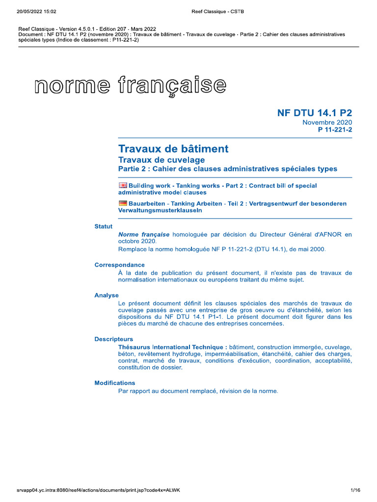 Reef Classique - CSTB - NF DTU 14.1 P2 | PDF
