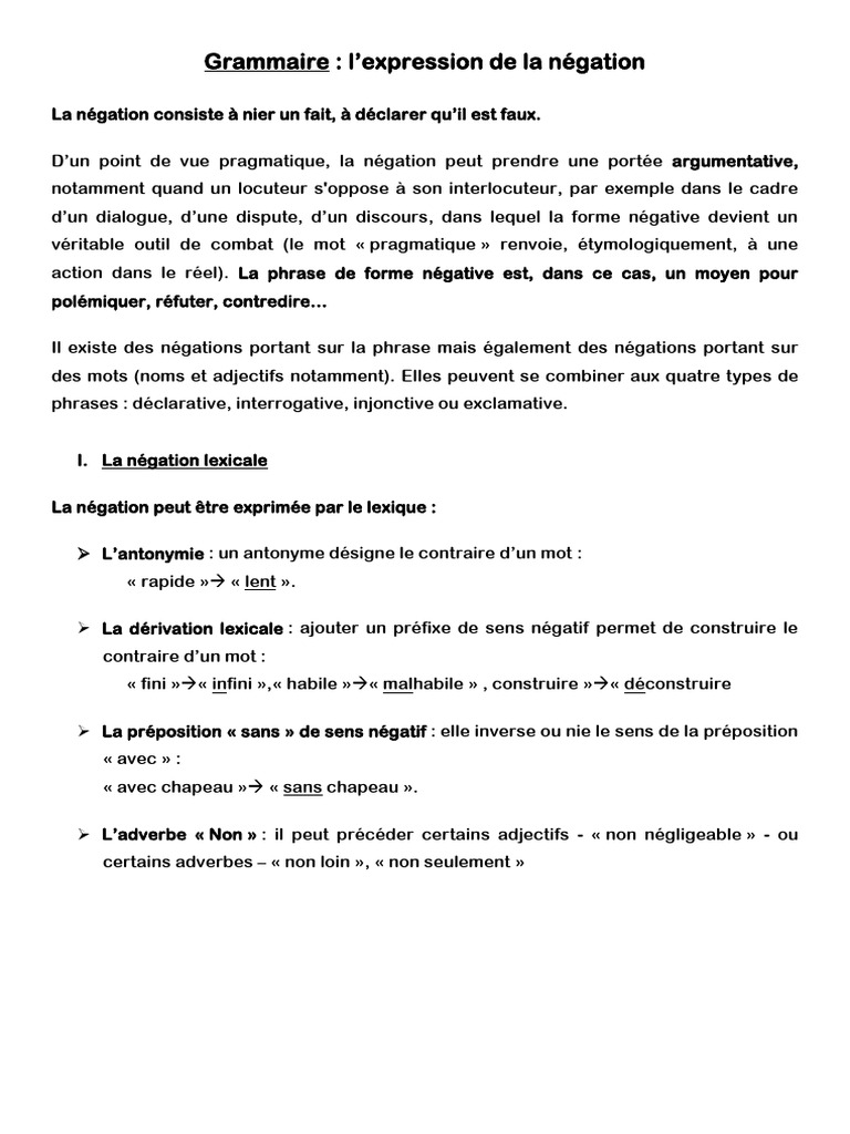 La Négation en Français : Cours et Exercices | PDF | Phrase | Adverbe