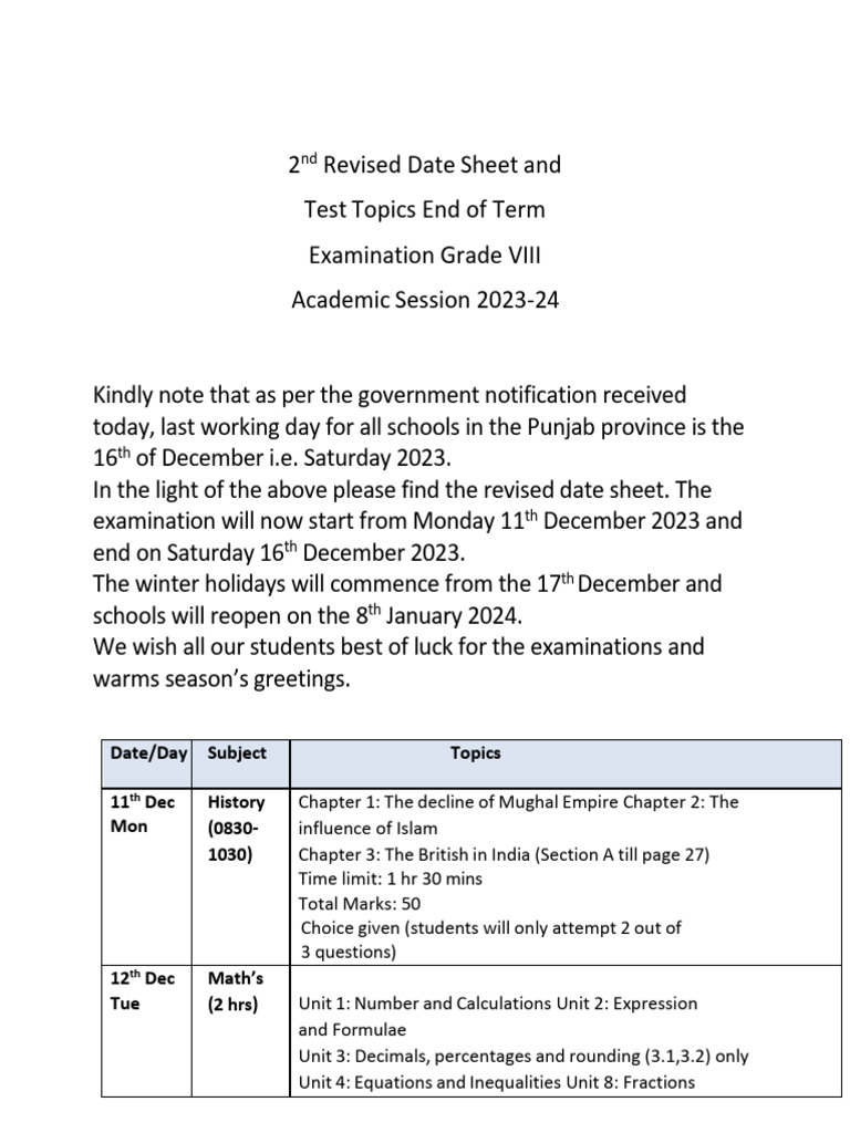 2nd Revised Date Sheet and Test Topics Dec 2023-24 | PDF | Physical ...