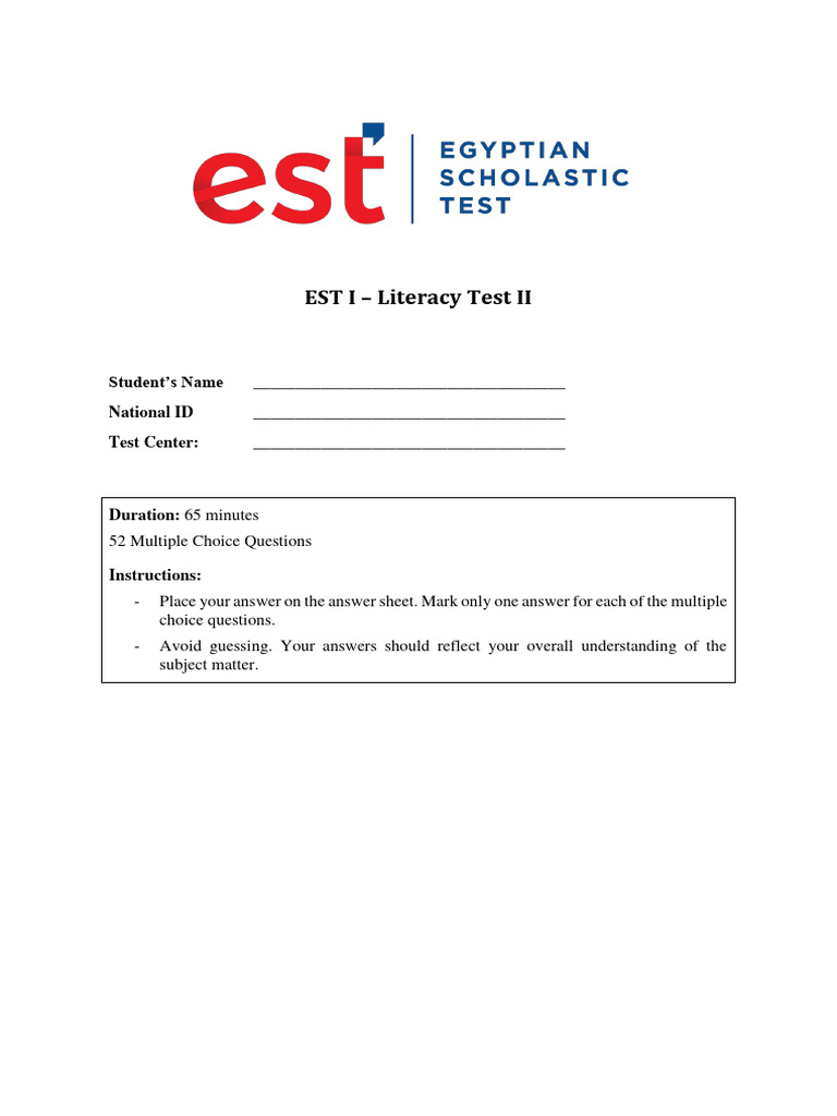 EST I - Literacy 2 - May 2021 | PDF