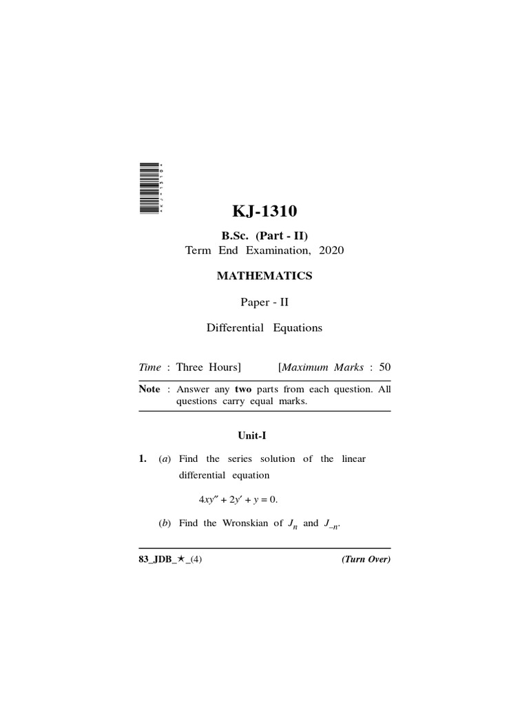 BSC Part 2 Mathematics Differential Equations KJ 1310 2020 | PDF | Equations | Differential ...