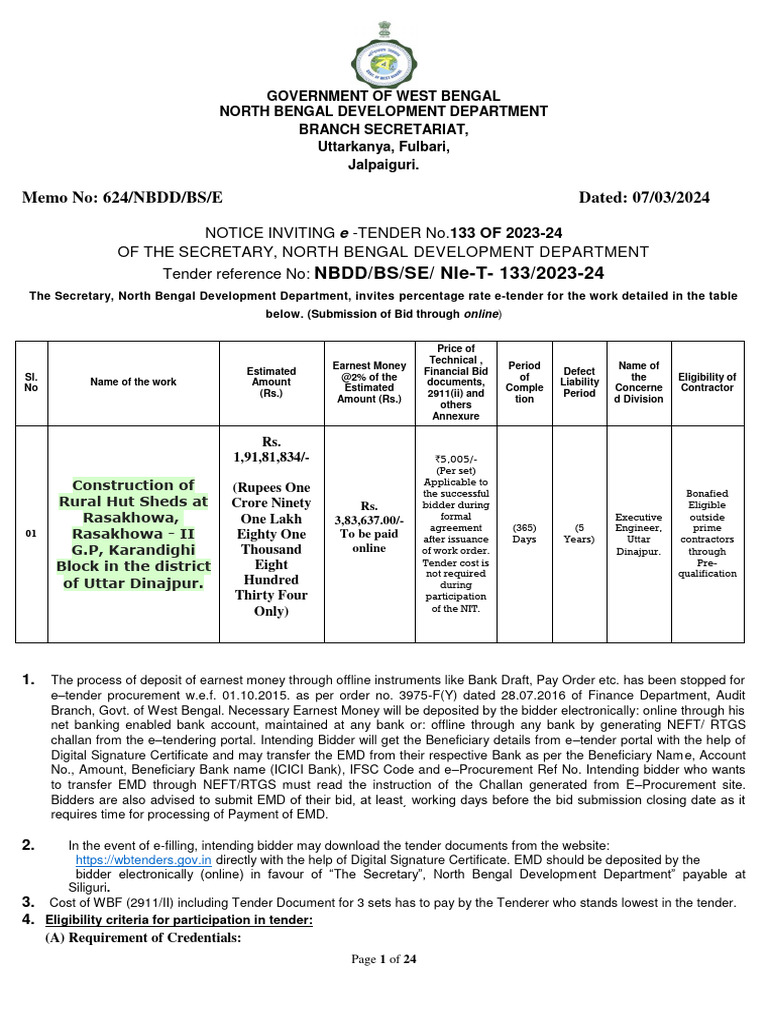 Nbdd/Bs/Se/ Nie-T-133/2023-24 | PDF | Guarantee | Road Surface