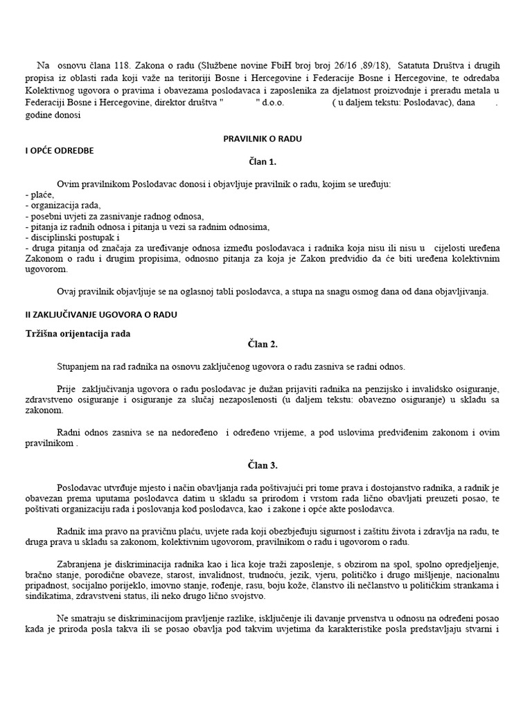 Pravilnik o Radu | PDF