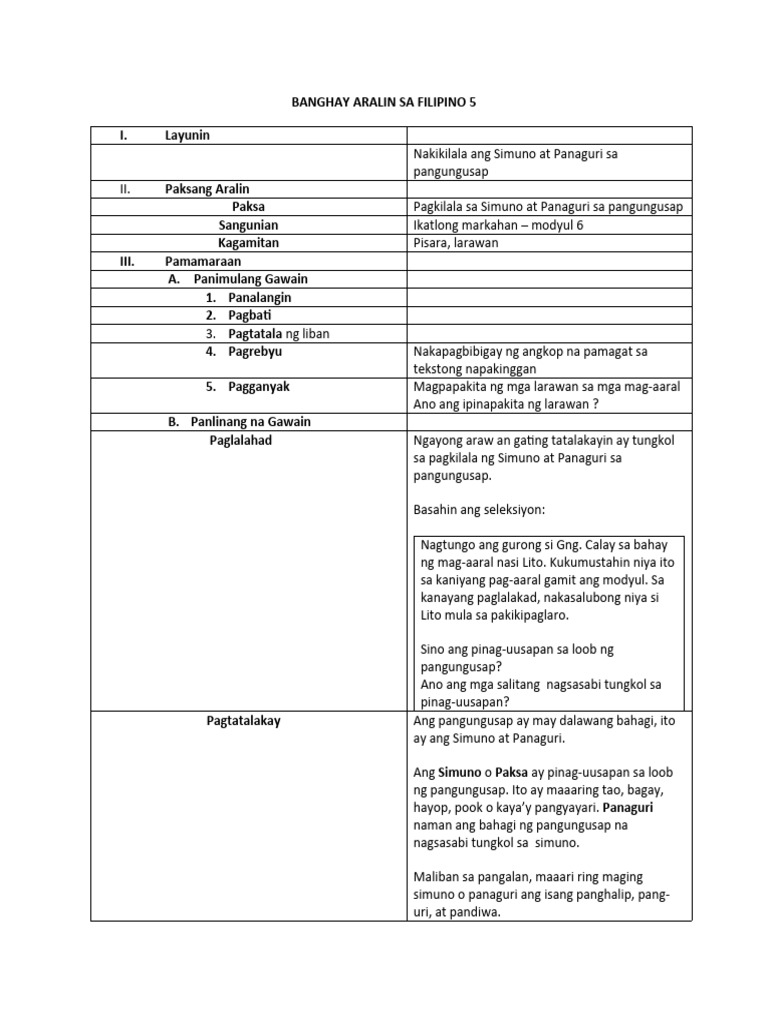 Banghay Aralin Sa Filipino 5 | PDF