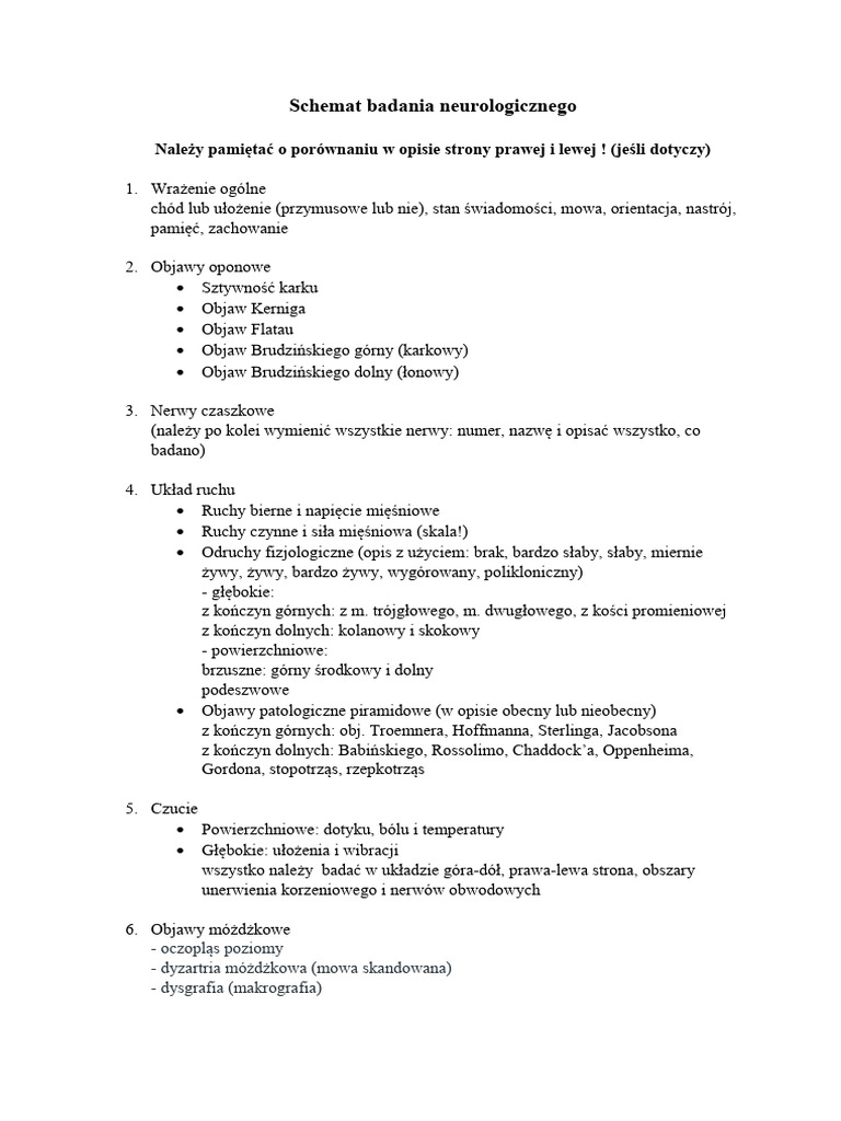 Badanie Neurologiczne - Schemat 2 | PDF