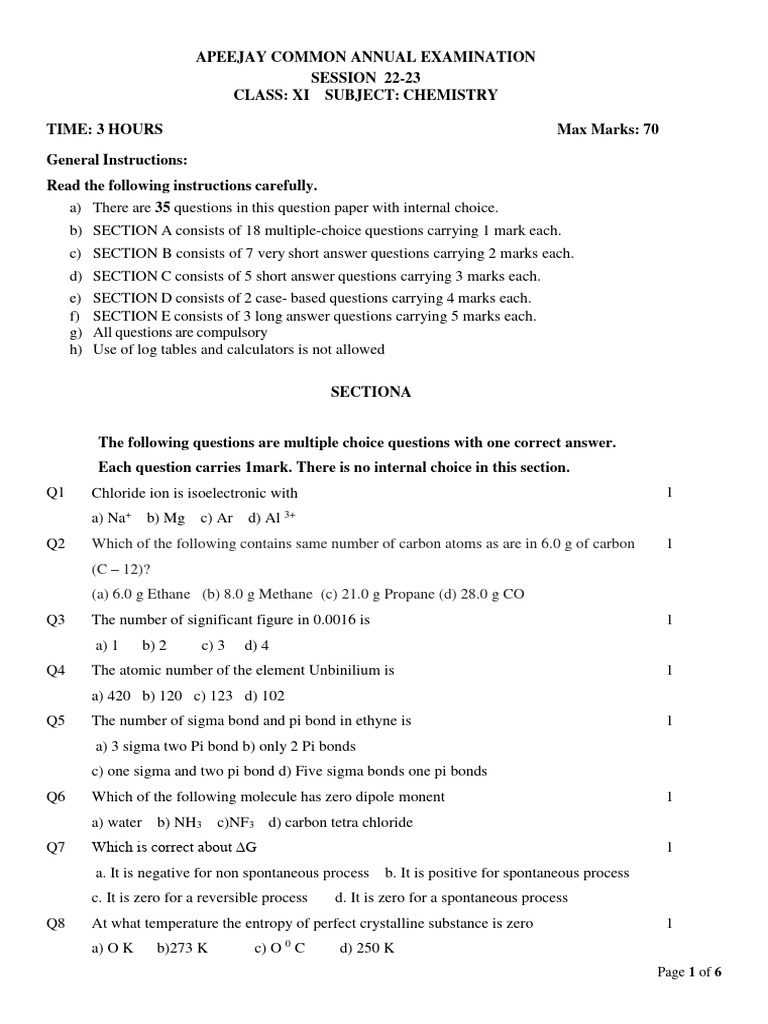 Common Annual QP Chemistry Class XI 22-23 | PDF | Acid | Acid Dissociation Constant