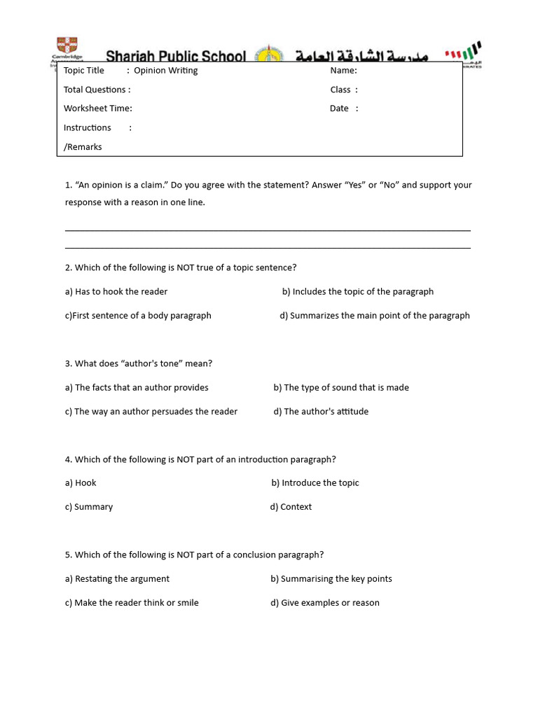 Y8 Opinion Writing Exit Ticket | PDF