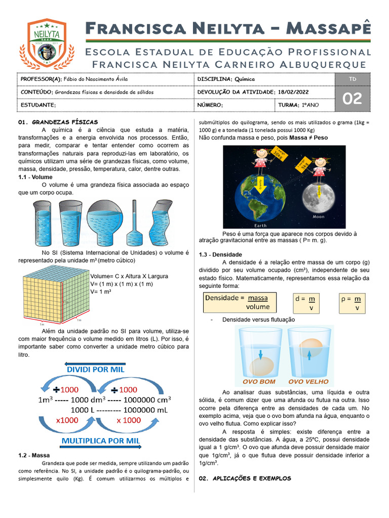 TD02 Química 1ºano | PDF | Densidade | Química