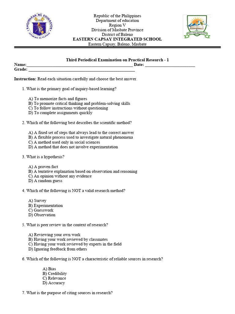Practical Research - 1 Examination Test 3rd Quarter | PDF | Inquiry ...
