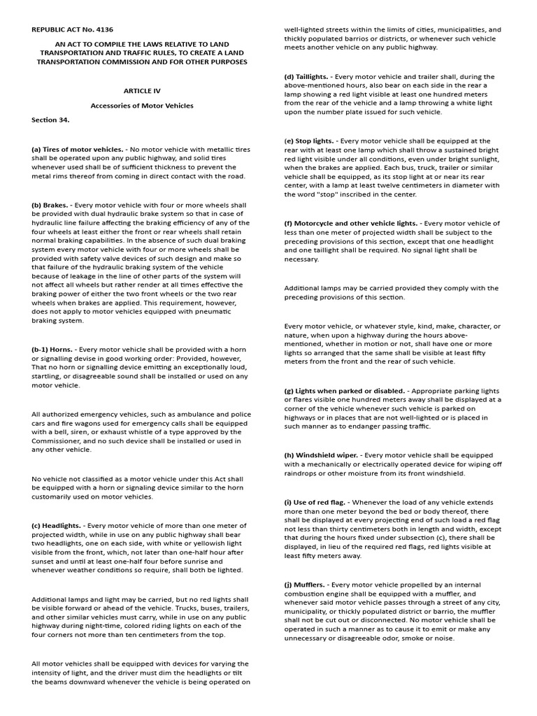 Republic Act 4136 | PDF | Vehicles | Transportation Engineering