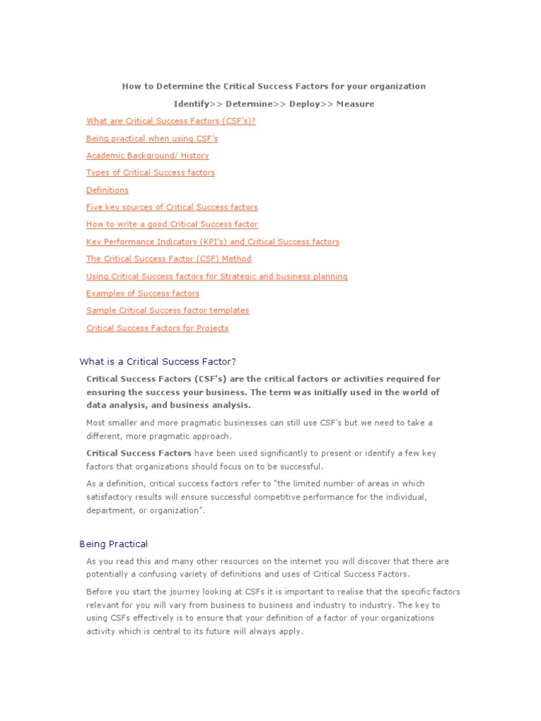 Critical Success Factors | PDF | Strategic Management | Performance ...