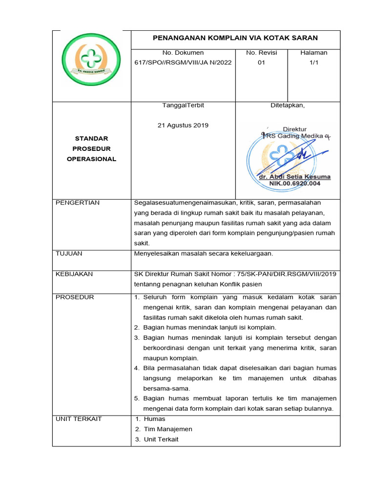 Prosedur Penanganan Komplain Rumah Sakit | PDF | Bisnis