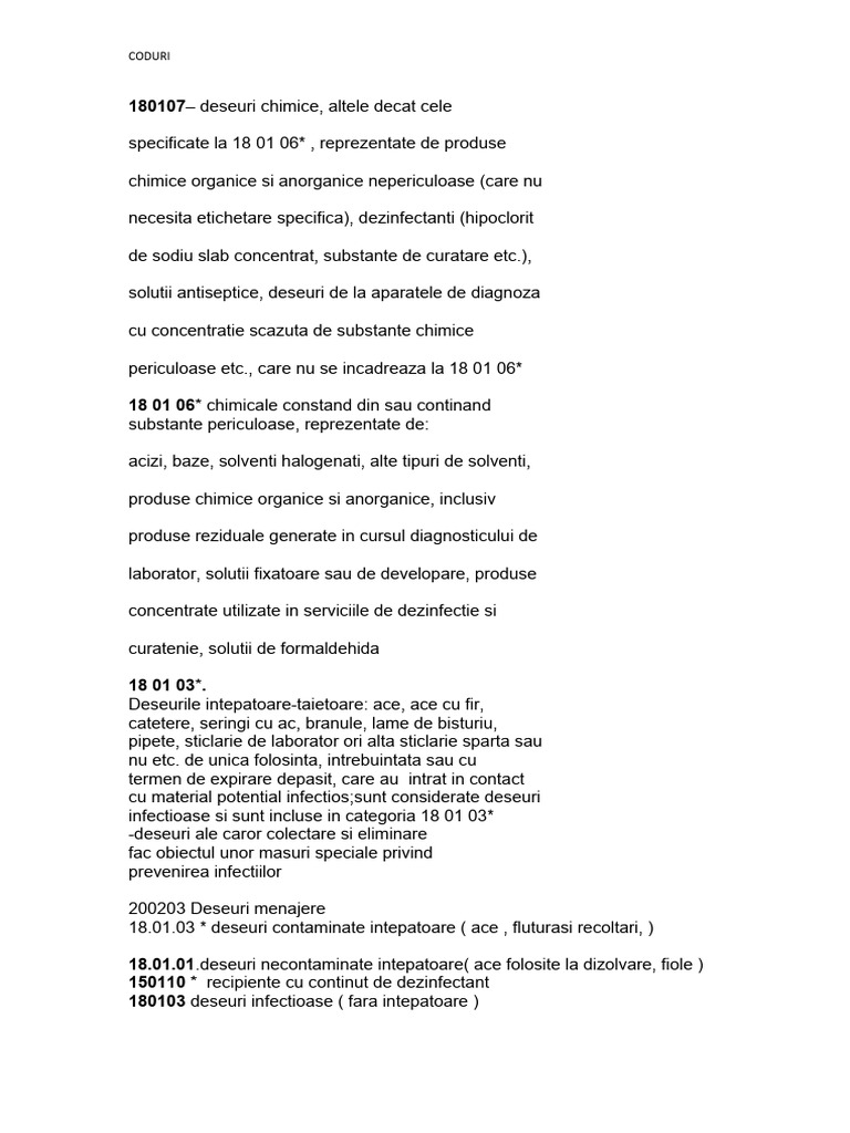 Coduri Deseuri Medicale Protocol Intern | PDF