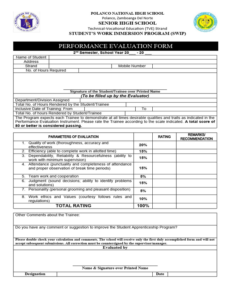 Performance Evaluation Form | PDF | Performance Appraisal
