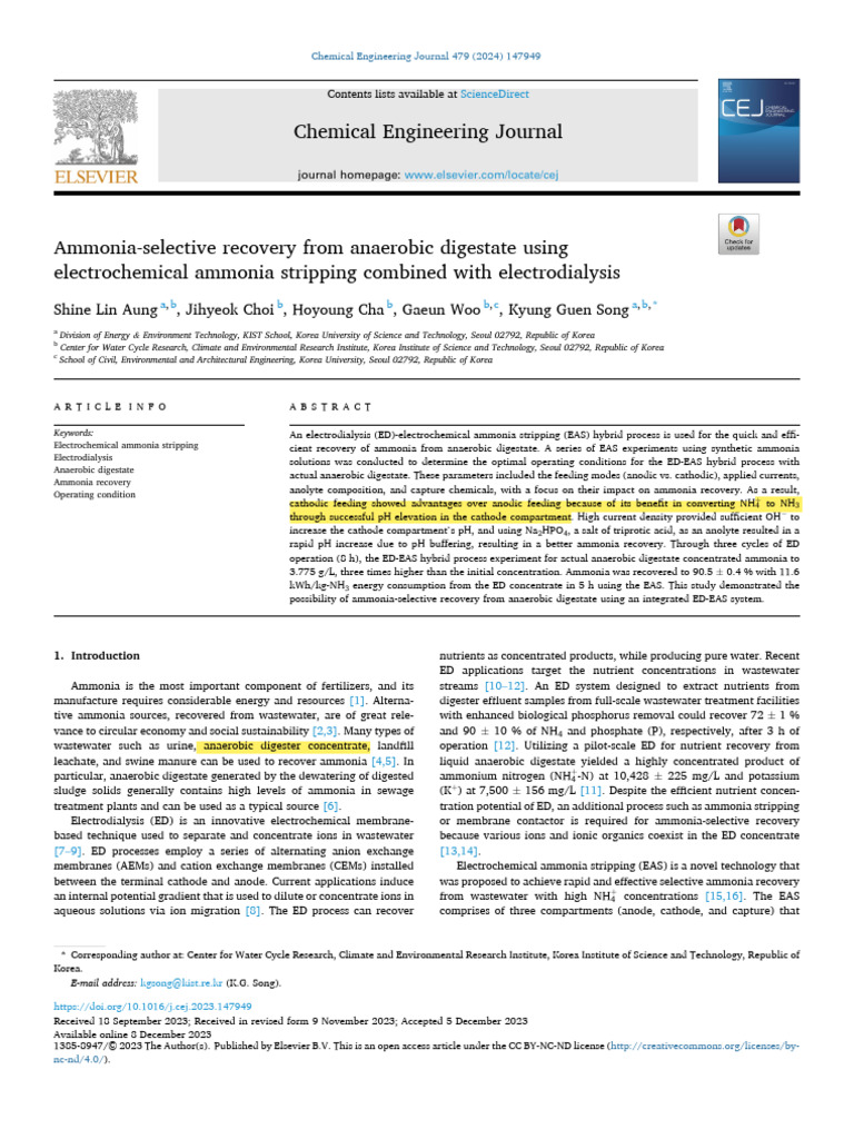 Ammonia Recovery From Anaerobic Digestate Using EAS+ED | PDF | Buffer ...