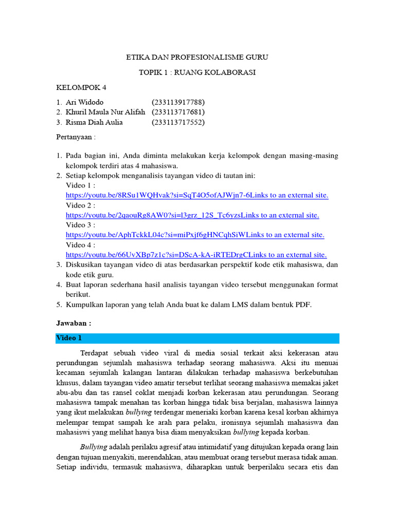 Kelompok 4 - Topik 1 - Ruang Kolaborasi - Etika Dan Profesionalisme Guru | PDF