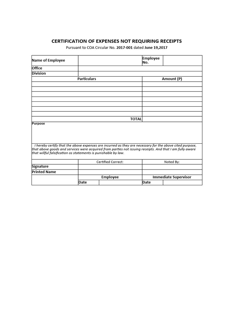 Certification of Expenses Without Receipts | PDF